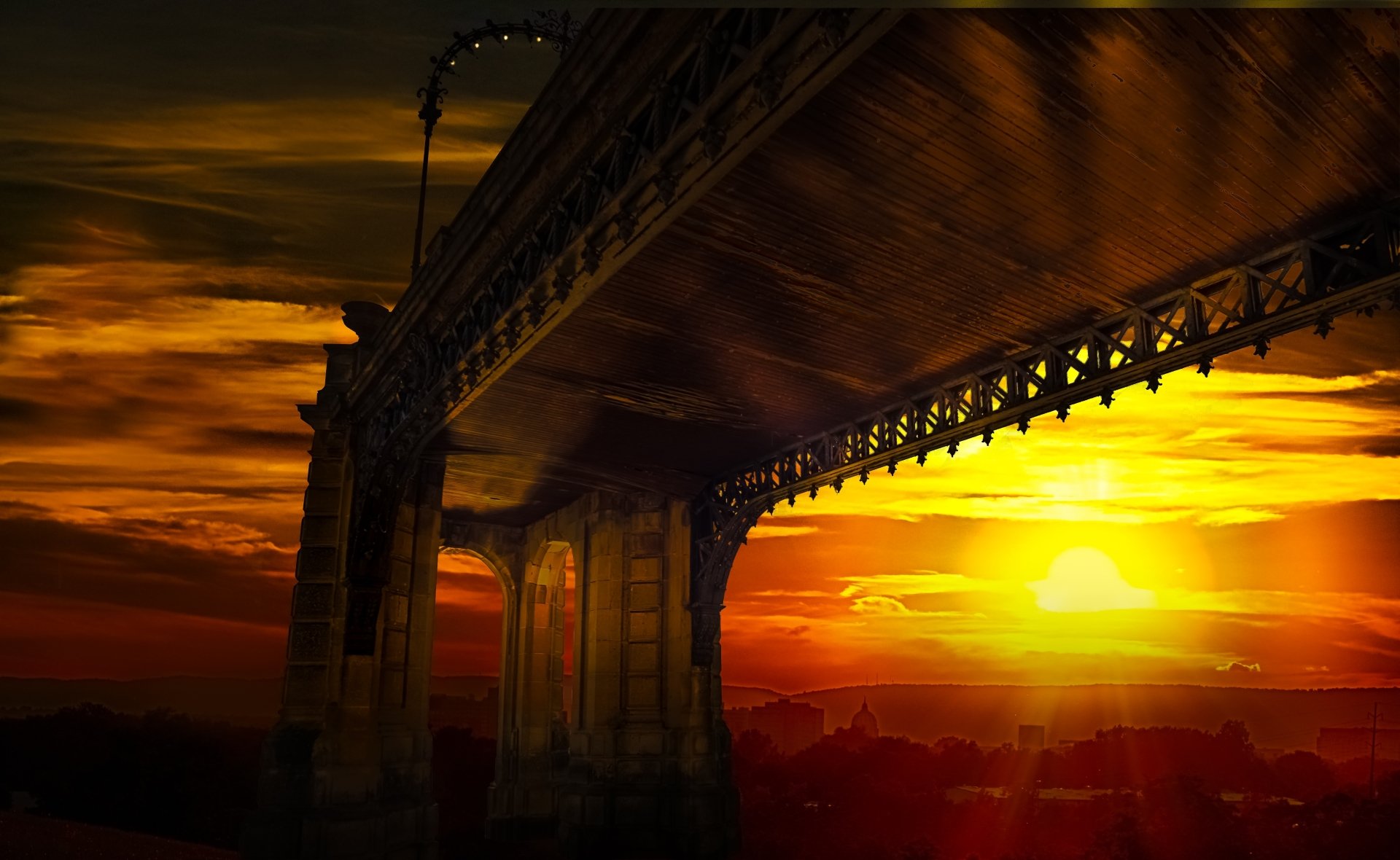 Download Yellow Sunset Sun Sky Man Made Bridge 4k Ultra HD Wallpaper