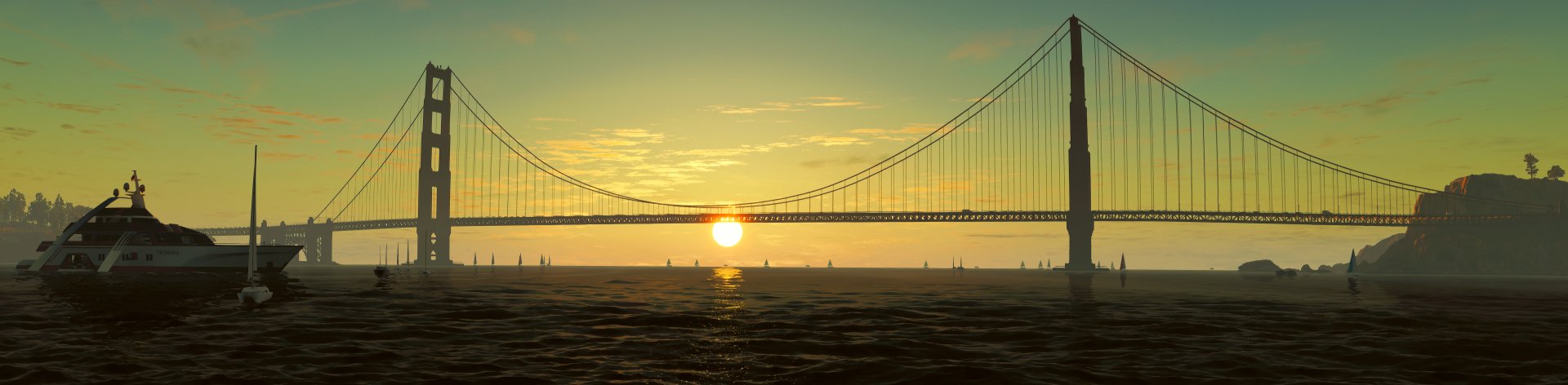 Golden Gate Sunset — Watch Dogs 2 (2K Quad HD Wallpaper) | 7320x1800 ...