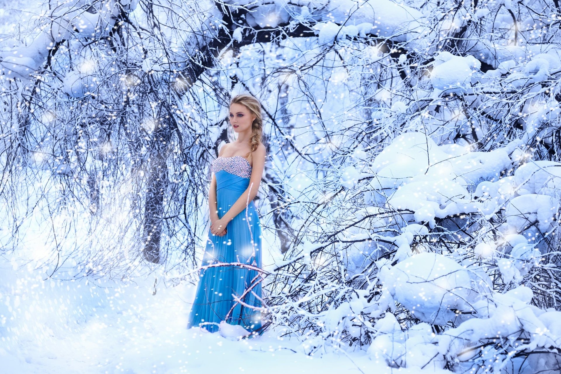 Download Blue Dress Snow Blonde Winter Woman Model HD Wallpaper by ...