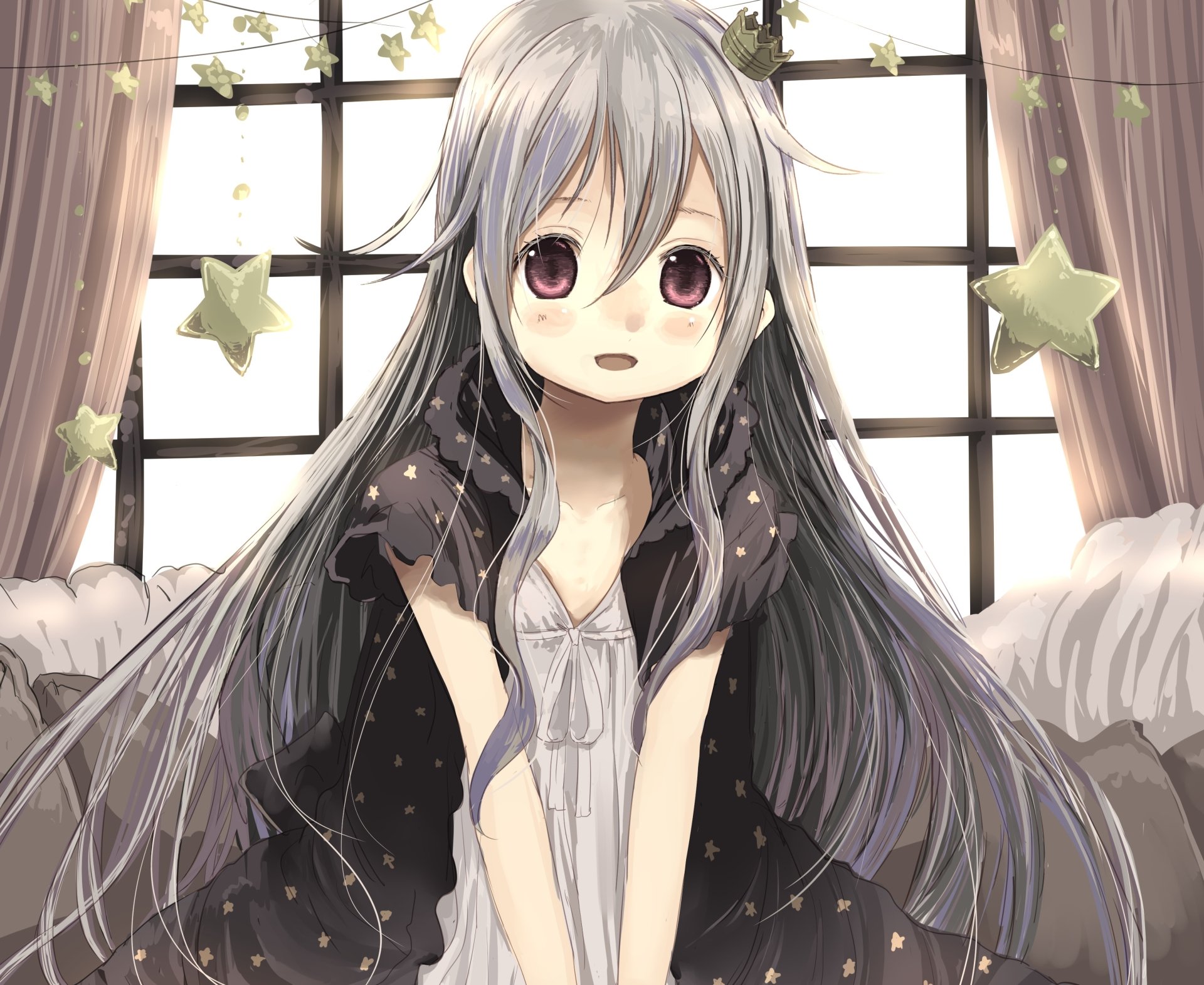 Download Grey Hair Long Hair Blush Smile Star Crown Red Eyes Anime ...