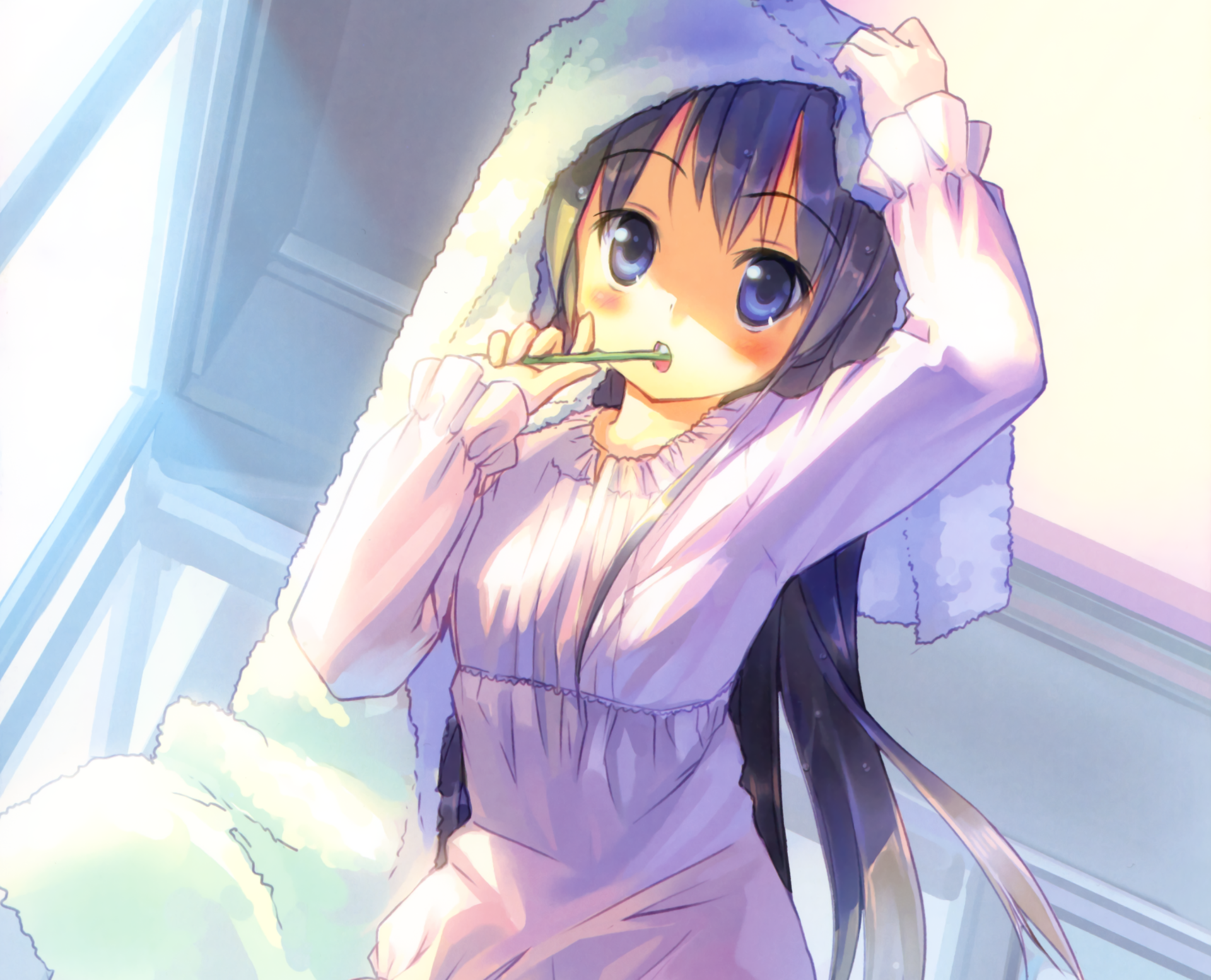 Download Blush Toothbrush Blue Eyes Towel Black Hair Long Hair Anime ...
