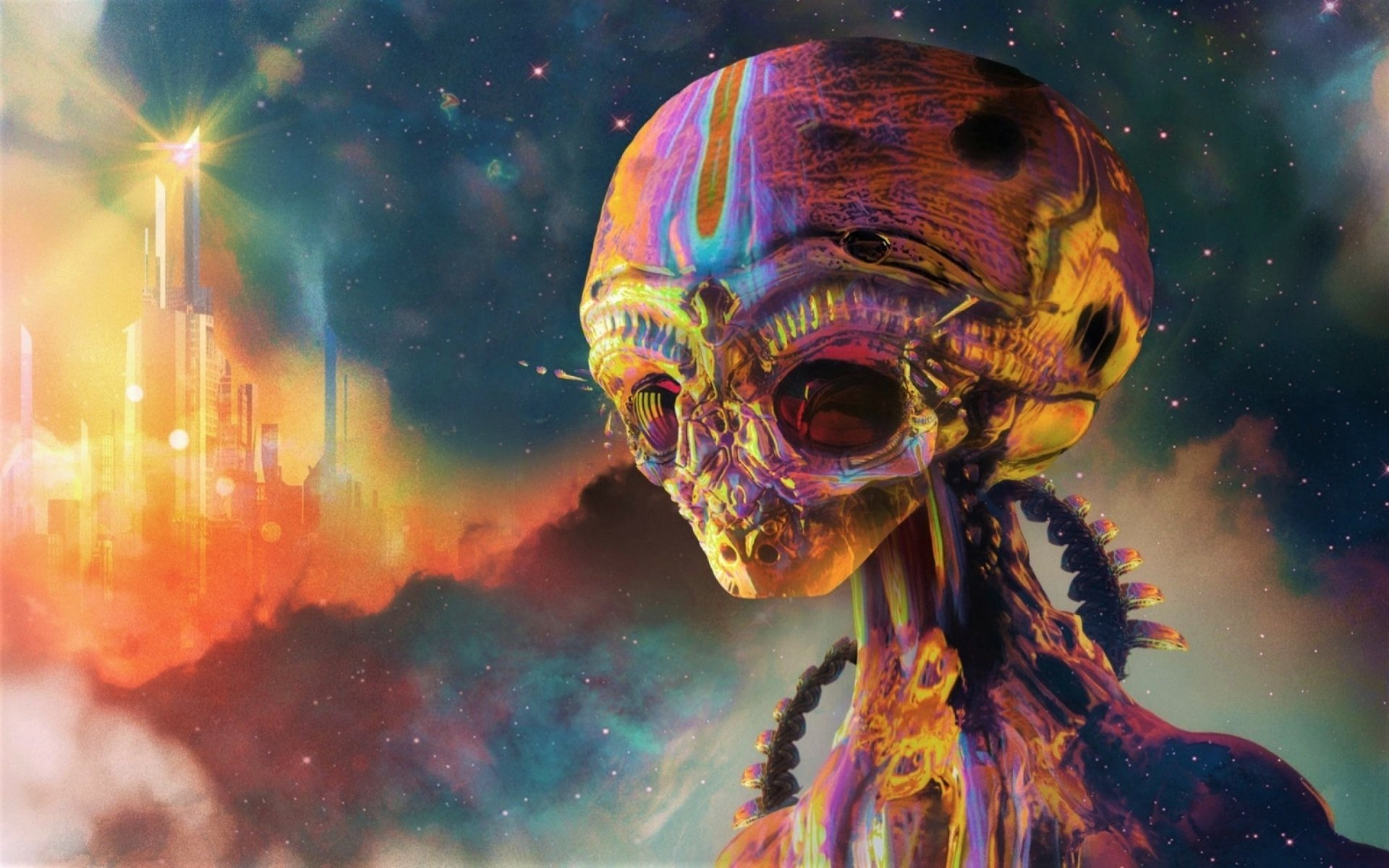 Psychedelic Alien Skeleton HD Wallpaper