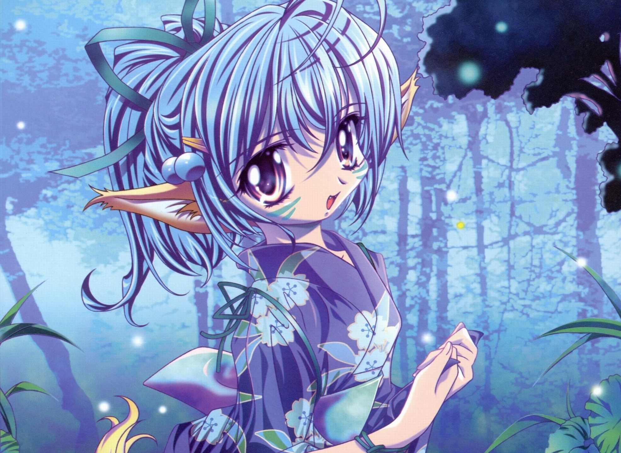 Download Kimono Purple Eyes Blue Hair Short Hair Smile Pointed Ears ...