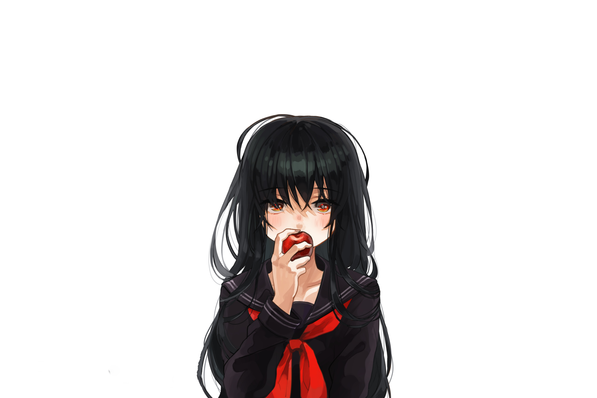 Red-Eyed Schoolgirl with Black Hair and Apple | HD Anime Wallpaper by ...
