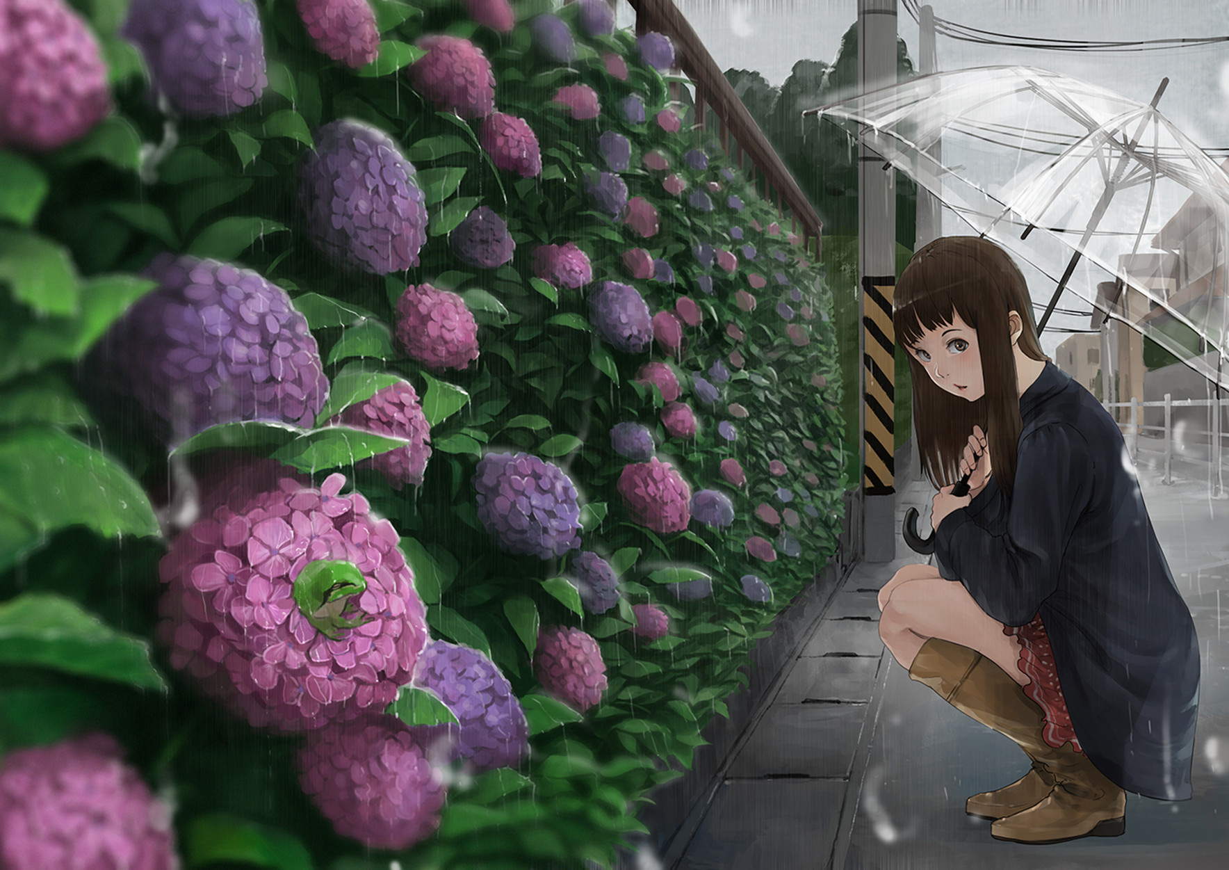 Download Long Hair Rain Umbrella Hydrangea Anime Original Rain Anime ...