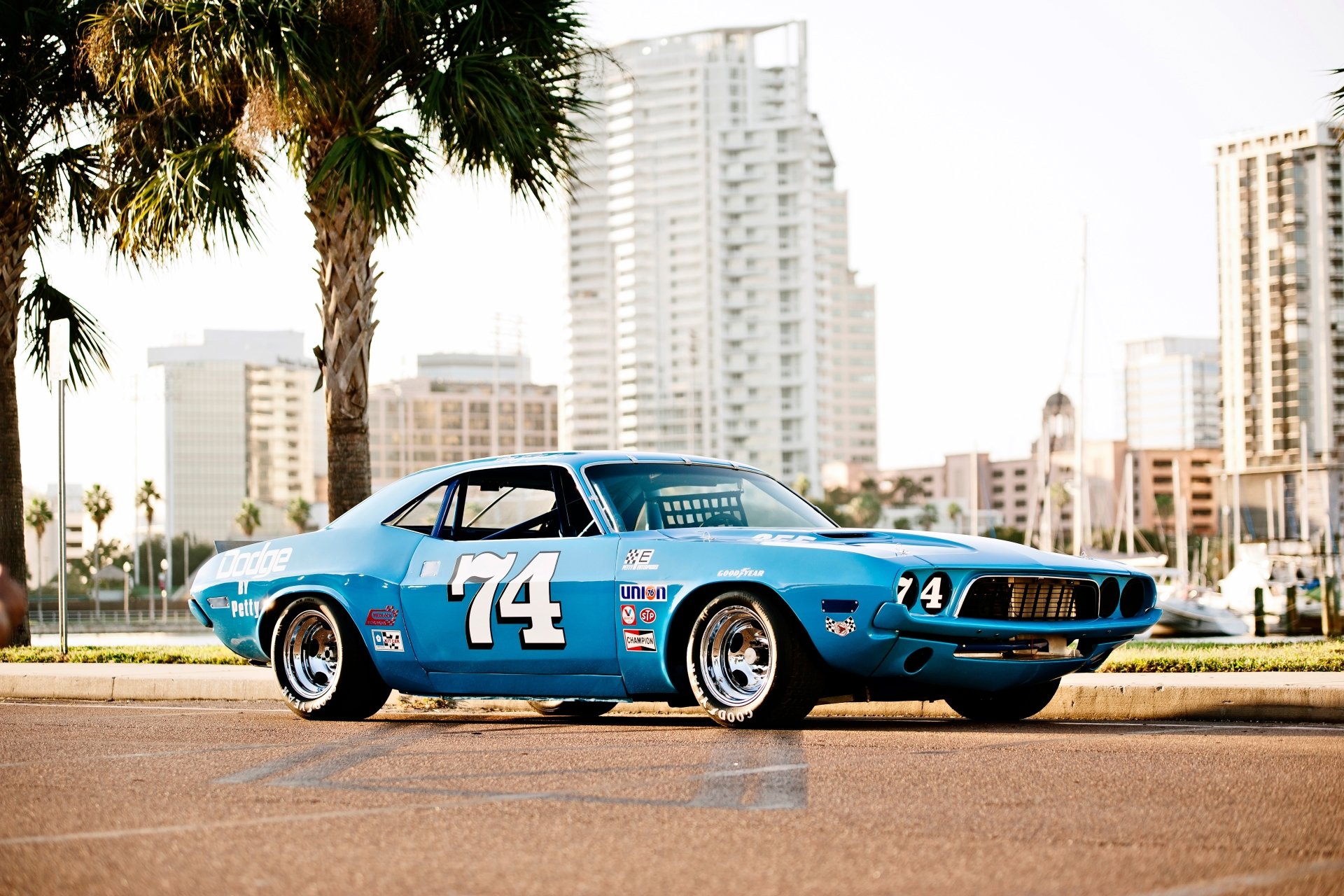 74 Blue Dodge Challenger — 5K Muscle Race Wallpaper
