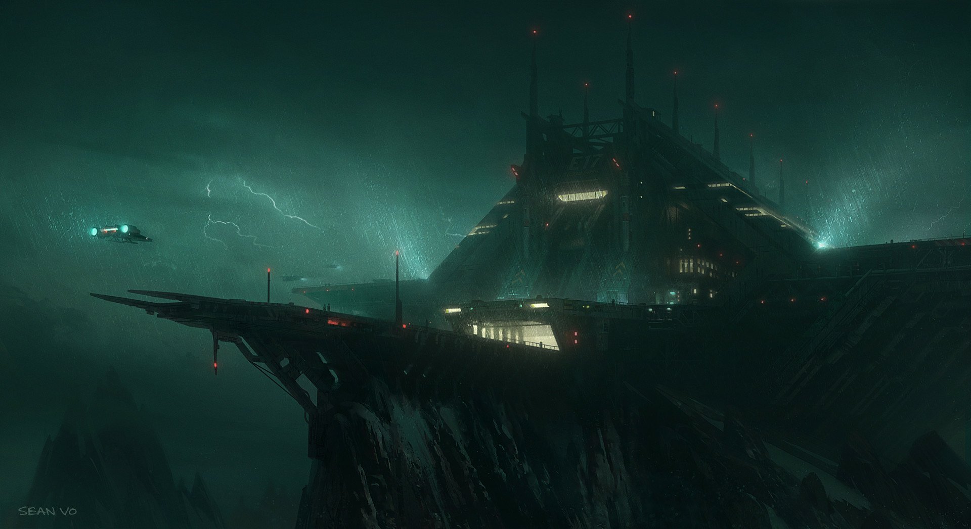 Download Rain Light Night Building Lightning Sci Fi Spaceship Wallpaper ...