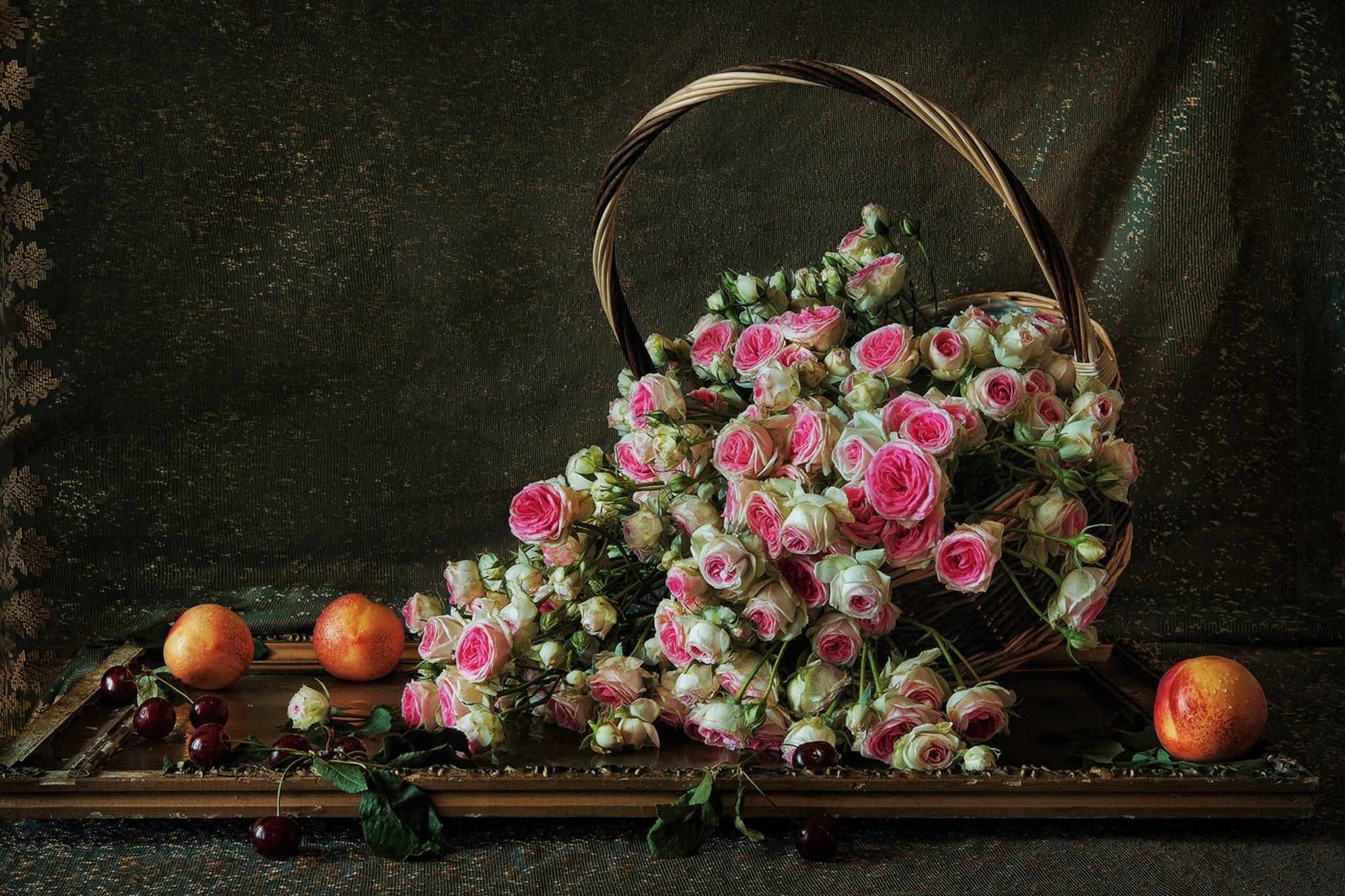 Download Cherry Nectarine Basket Rose Flower Photography Still Life HD ...