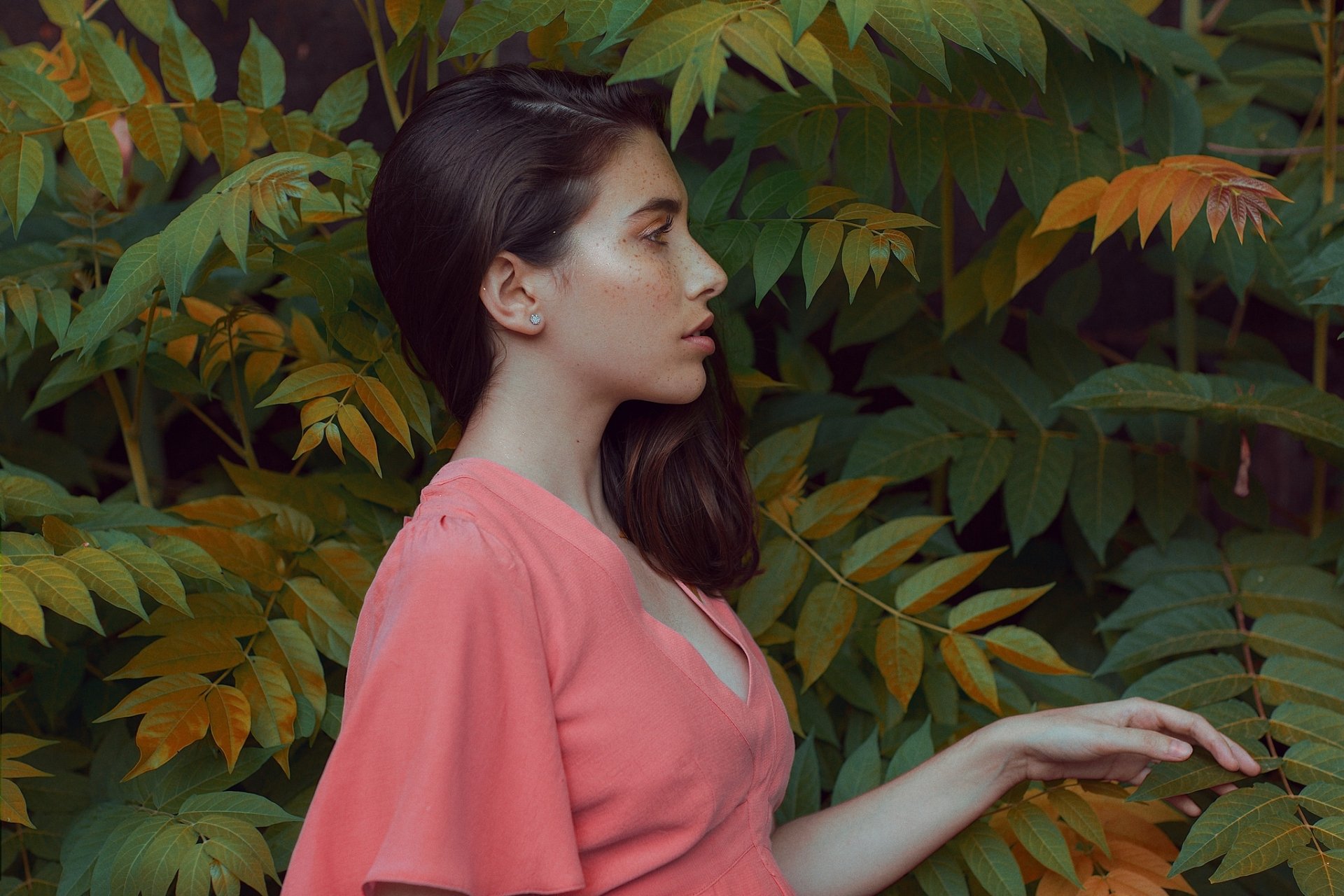 Download Freckles Brunette Profile Woman Model HD Wallpaper