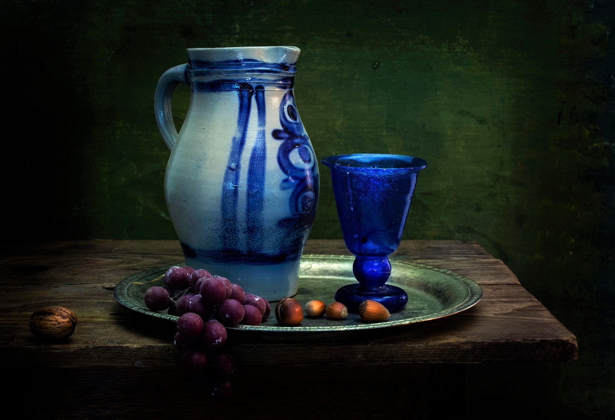 Download Walnut Grapes Hazelnut Blue Glass Pitcher Plate Photography ...