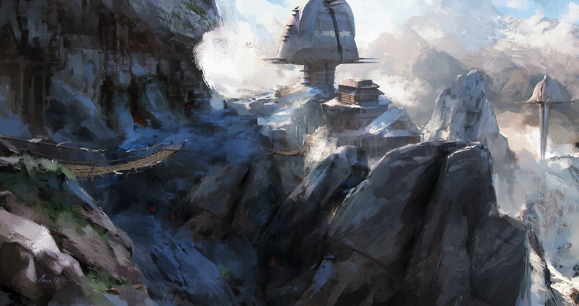 Epic Fantasy Mountain Fortress HD Wallpaper by Sergey Musin