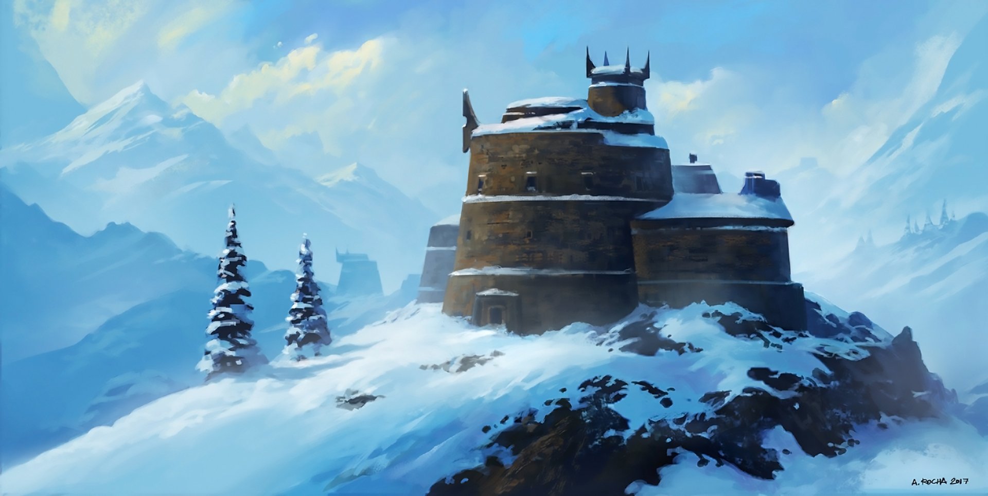Pine-Guarded Frostbound Citadel by Andreas Rocha | 2150x1080 ...