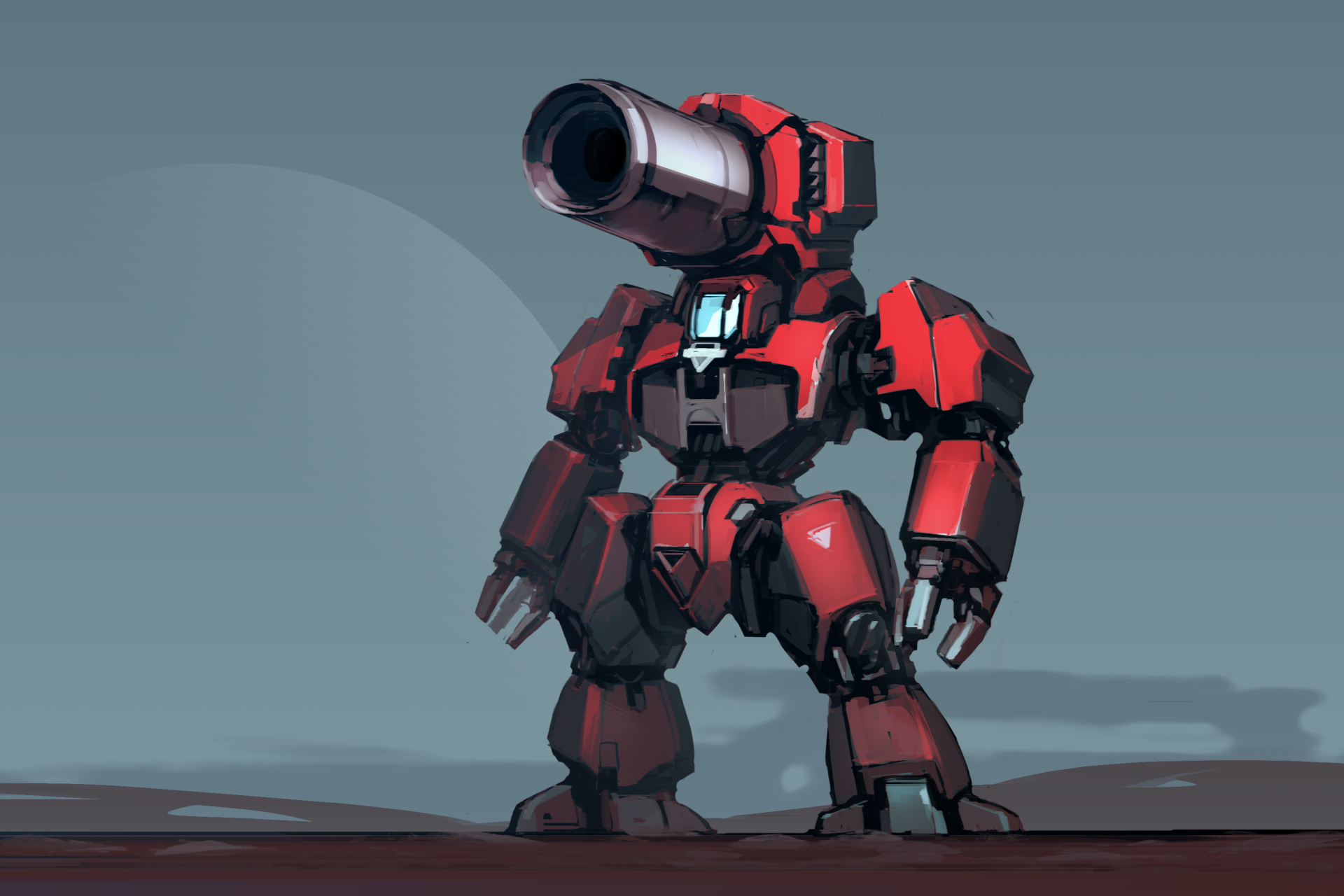Crimson Cannon Mech — Sci‑Fi Robot 2K Quad HD Wallpaper by ksenolog