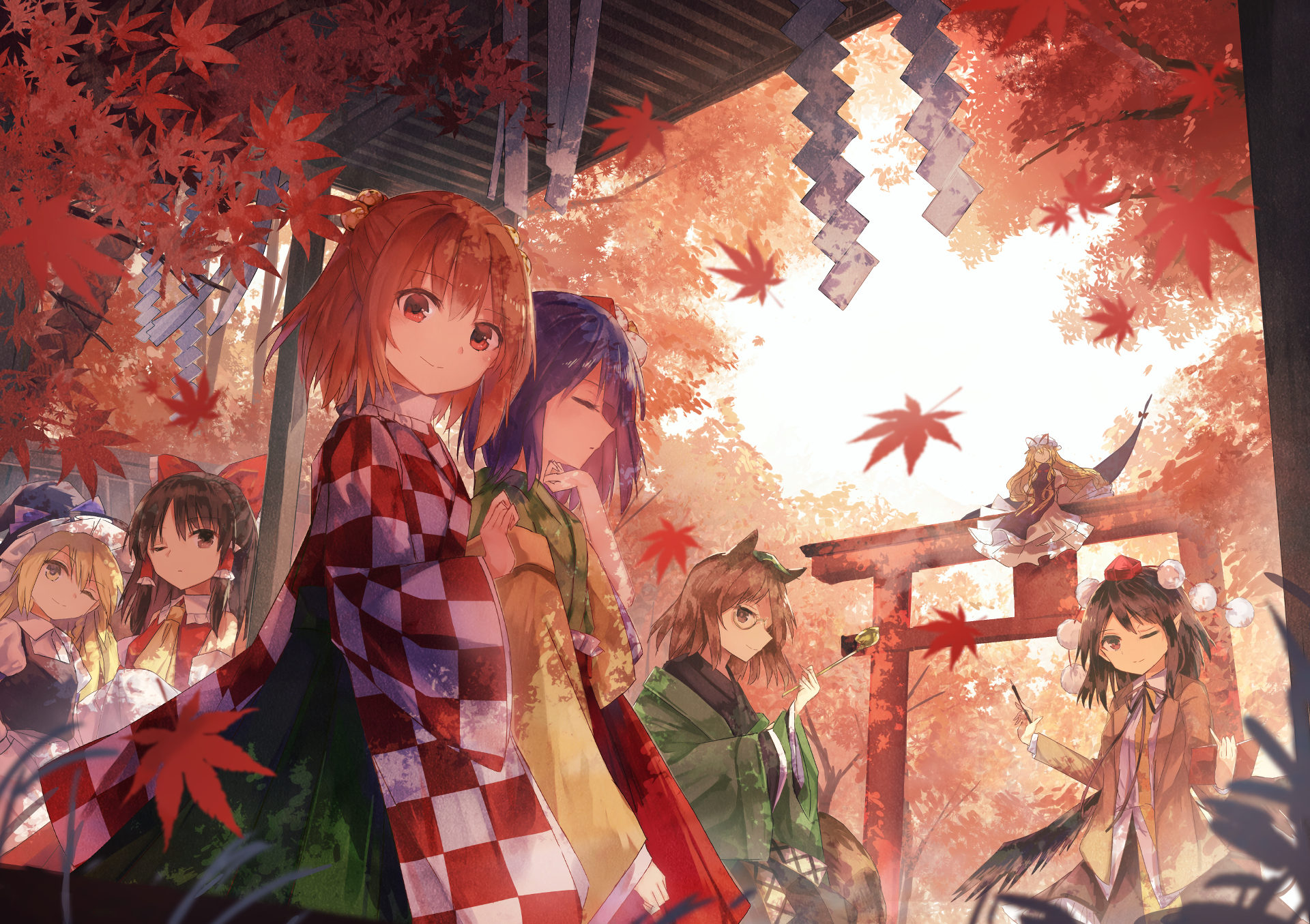 Touhou Legends Gather: HD Wallpaper Featuring Iconic Heroines in Autumn