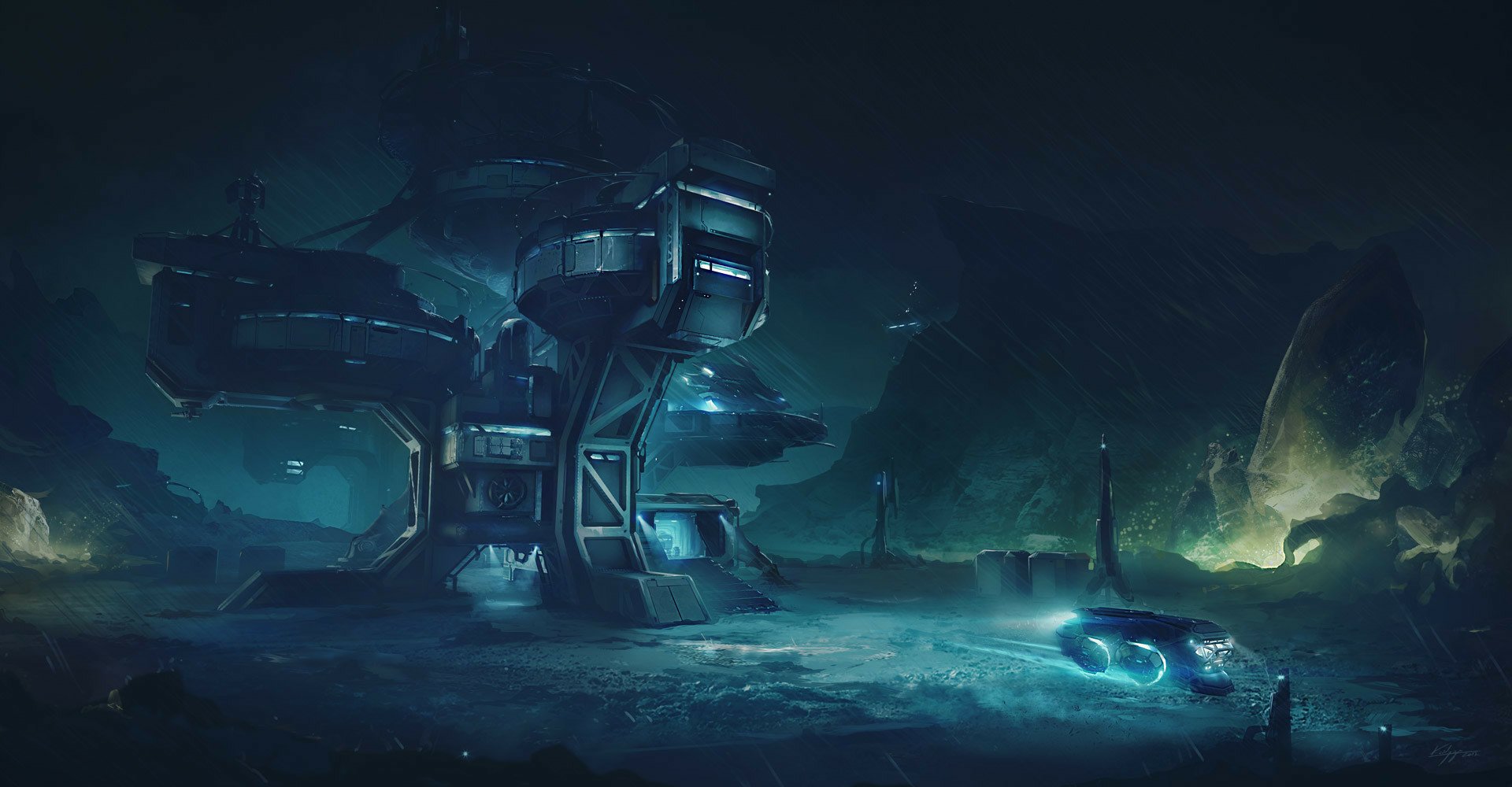 Sinari Wallpaper Outpost By Download Rain Night Vehicle Outpost Sci Fi