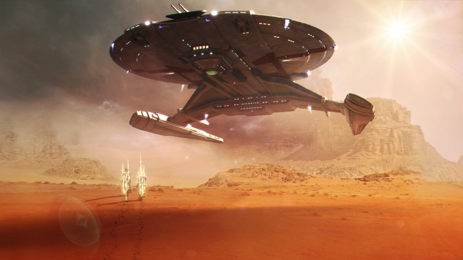 Star Trek Sci-Fi Spaceship Soars Over Desert HD Wallpaper by Chris Hicks