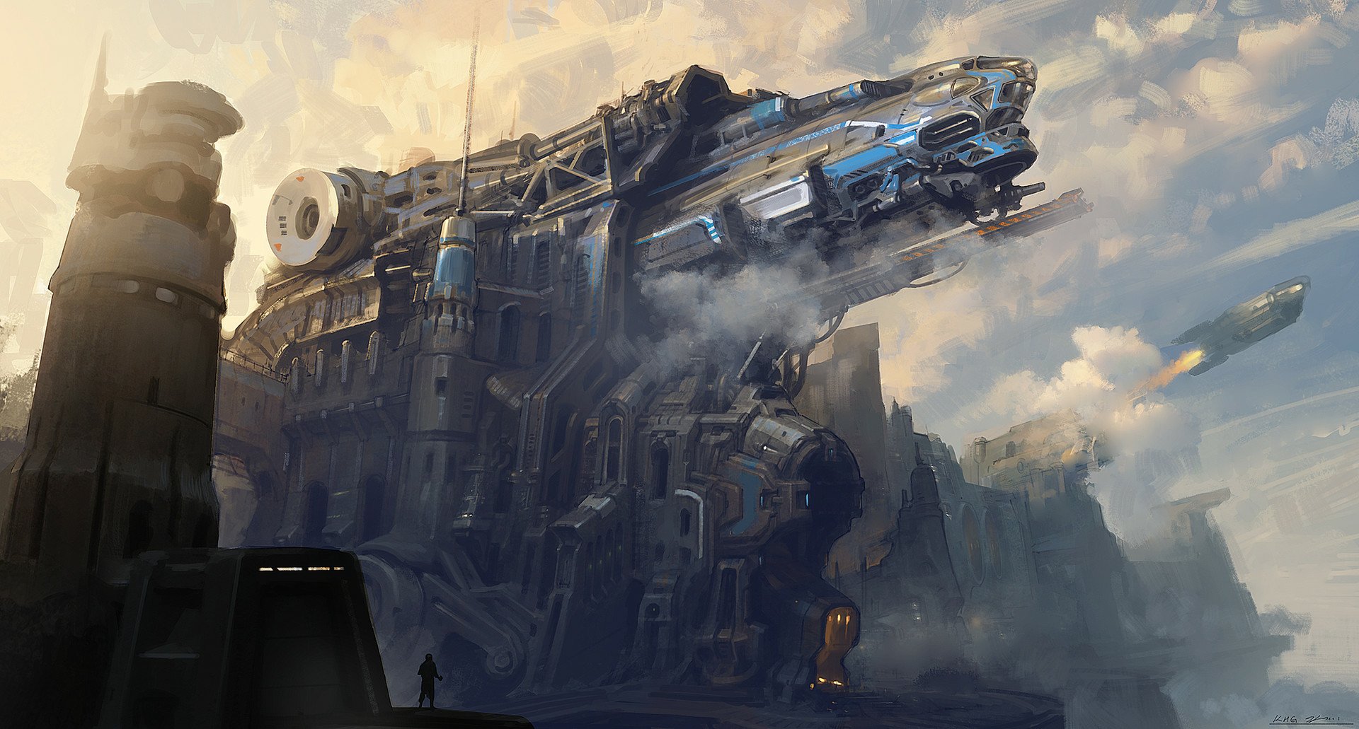Futuristic Space Cannon: Sci-Fi Rocket Warship HD Wallpaper by Hwanggyu Kim