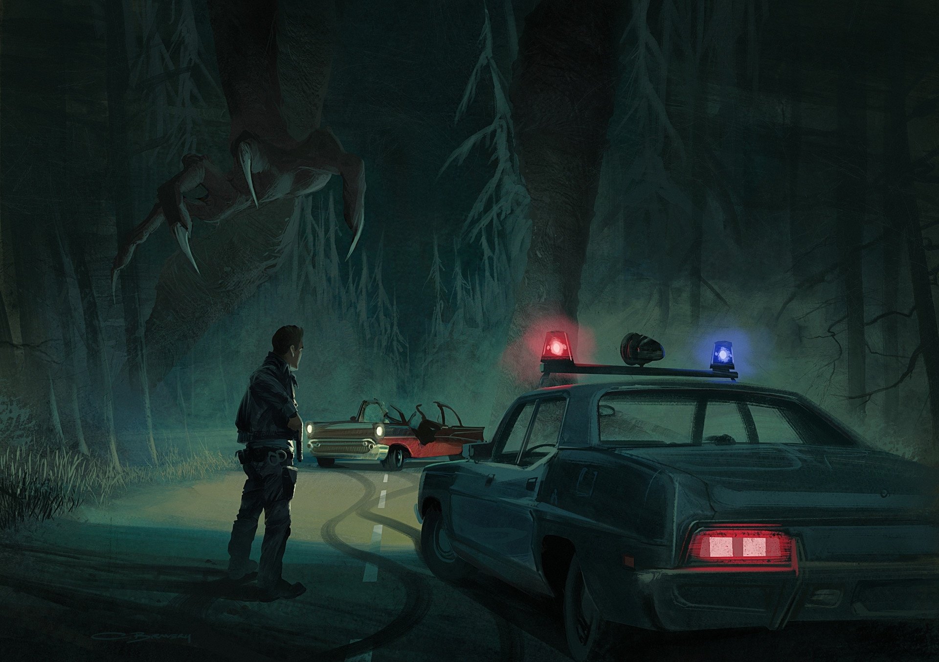 Dark Fantasy Night: Police vs. Monster HD Wallpaper by Christian Bravery