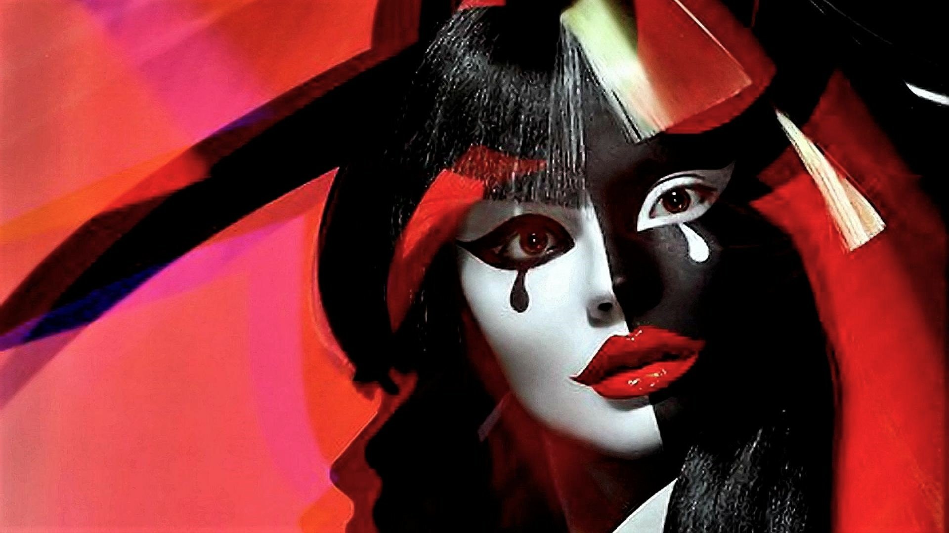 Striking Clown Beauty: Red & Black Tears in HD Artistic Portrait