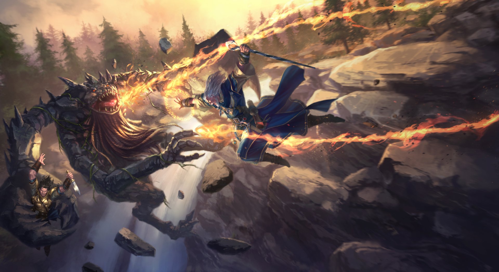 Epic Fantasy Warrior Sorcerer Battling Fiery Creature with Magic Staff ...