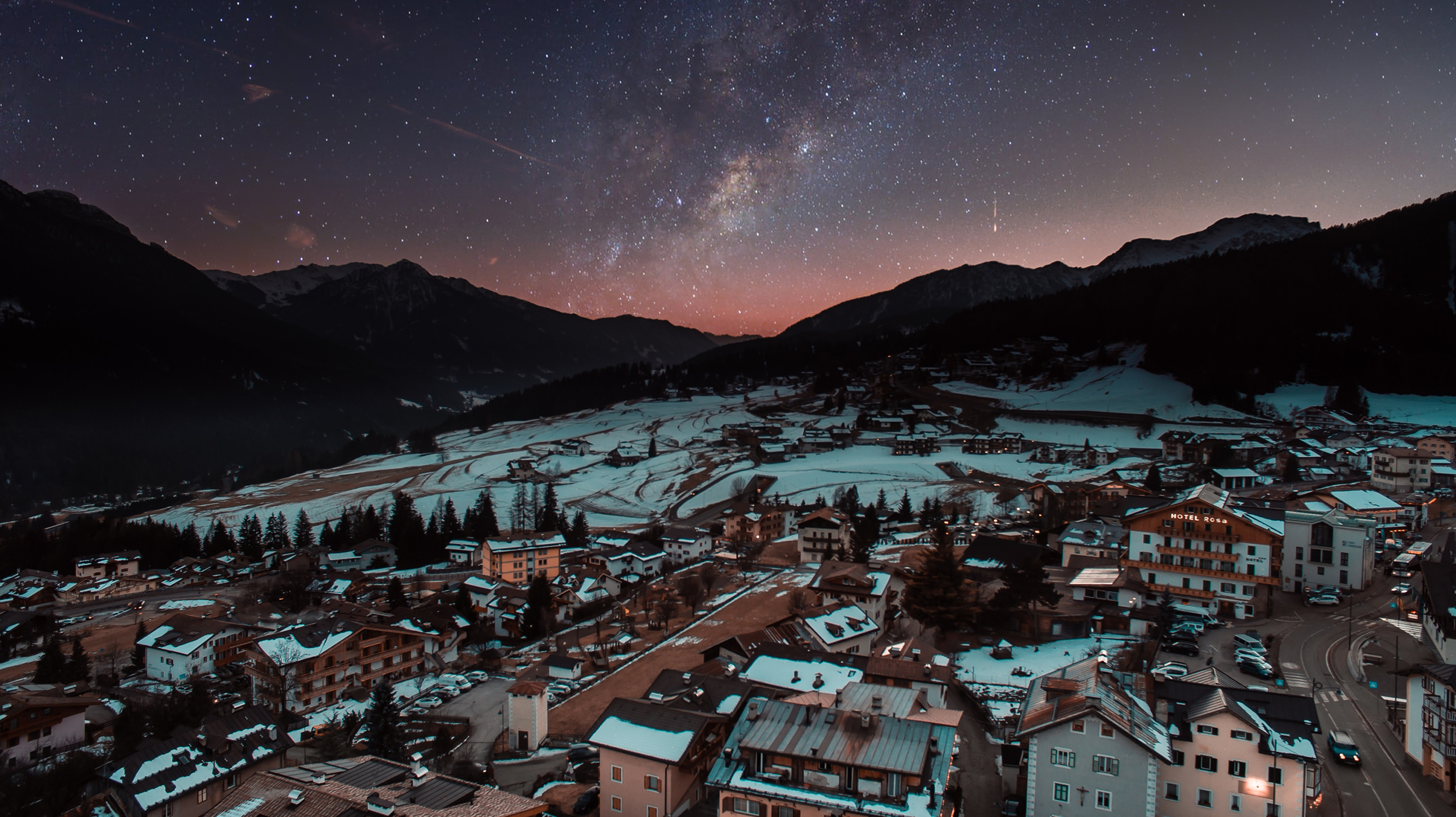 Download Night Star Starry Sky Milky Way Winter Snow Mountain House Man Made Town Winter Night ...