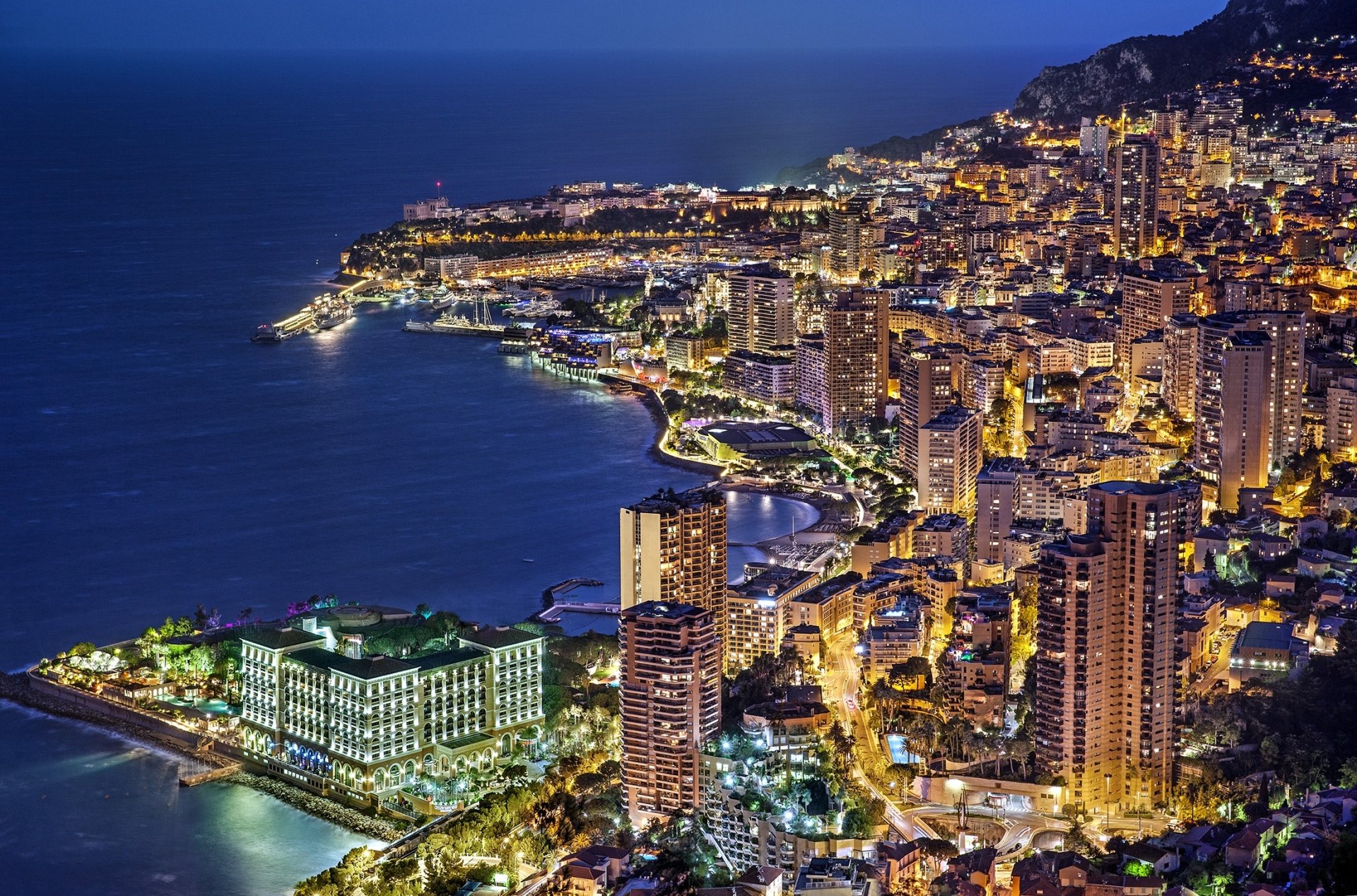 Monaco Nightscape: Illuminated Skyscrapers Along the Stunning Coastline ...
