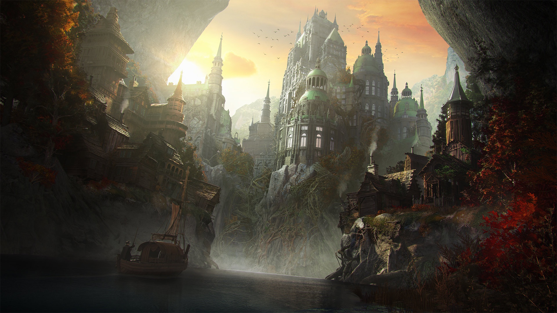 Download Boat River Building Fantasy City HD Wallpaper by Tomi Väisänen