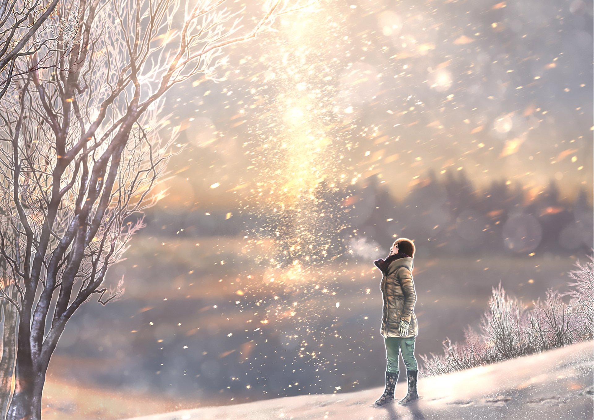 Winter Glow: An Anime Moment of Sunlit Cold and Quiet Trees by Kupe