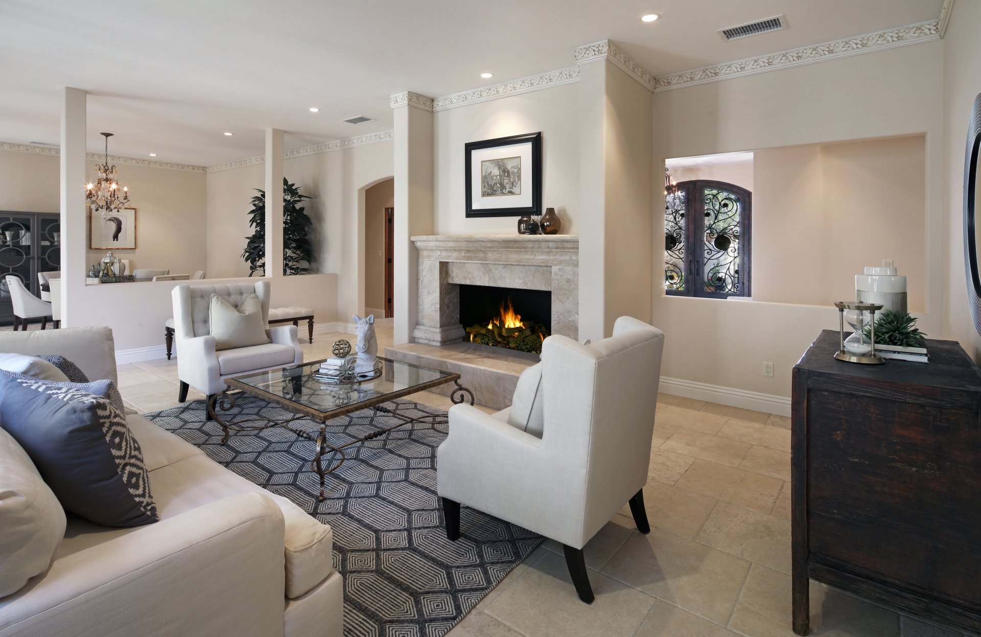 4K Ultra HD Cozy Living Room with Modern Fireplace and Elegant ...