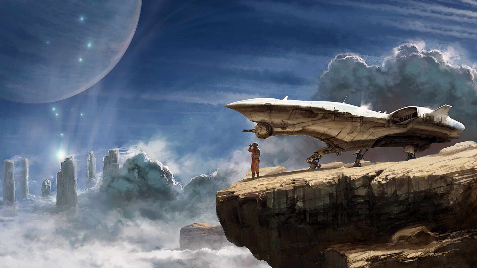 Epic Sci-Fi Landscape: Spaceship Landing on a Misty Alien Planet HD Wallpaper by lovingit2