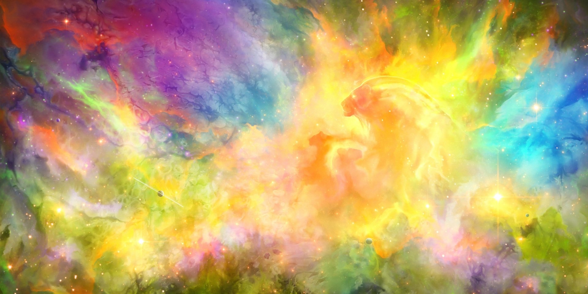 Cosmic Lion: Vibrant Nebula Sci-Fi HD Wallpaper by Yuliya Zabelina
