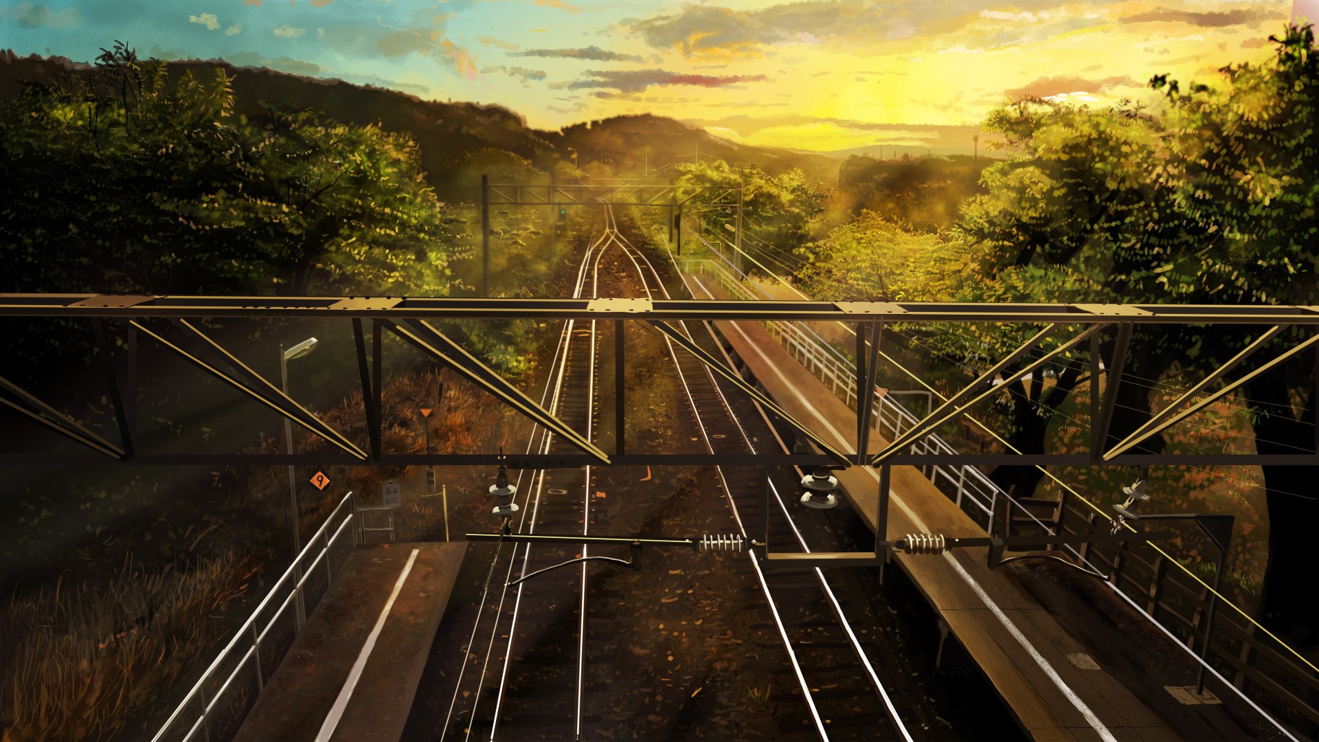 Download Train Station Railroad Nature Sunset Anime Original Anime ...