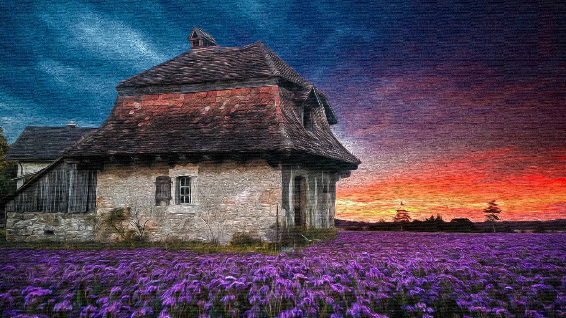 Old House with Sunset - Oil on Canvas by Manufan63 | 3840x2160 ...