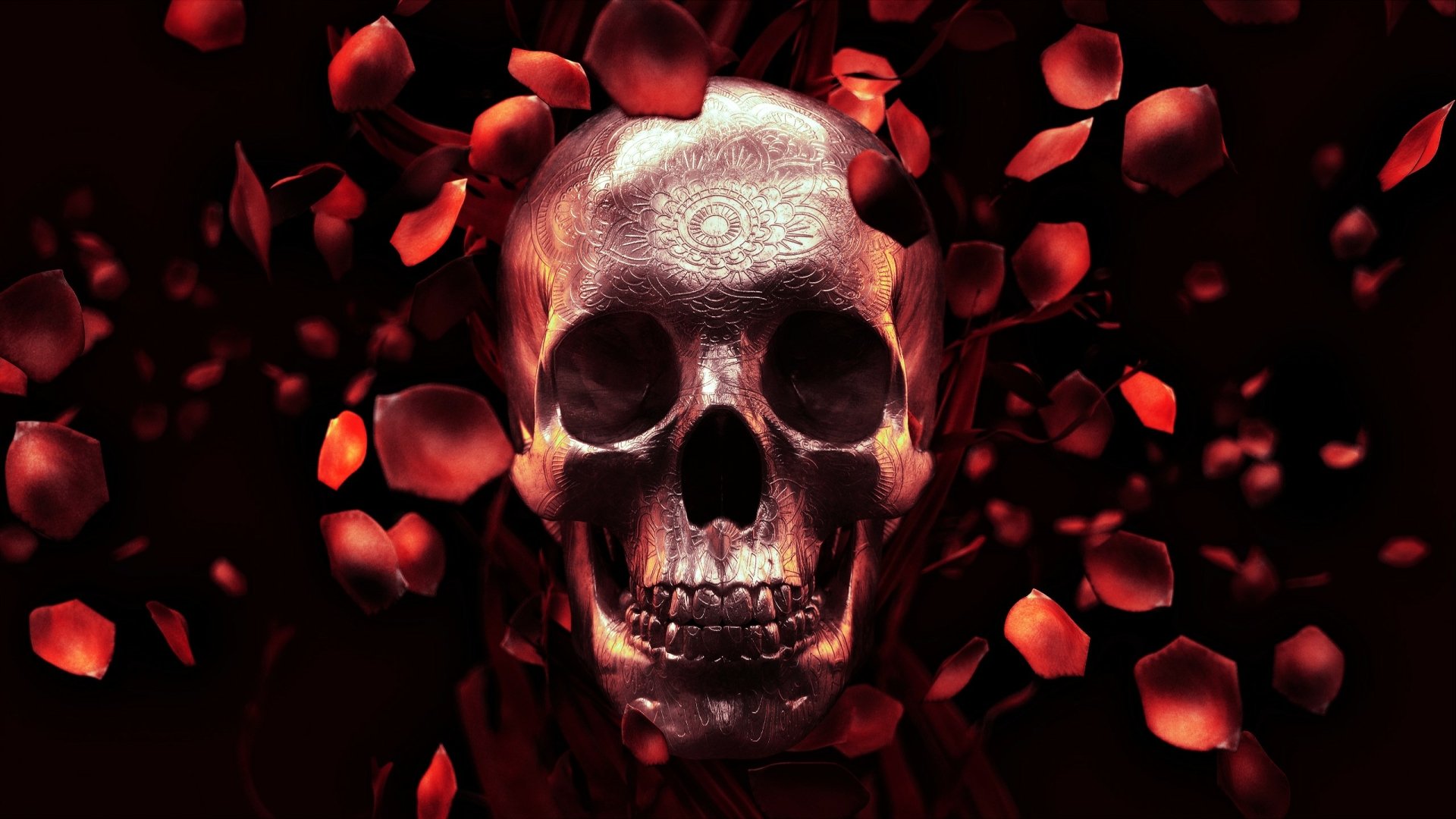 Gothic Red Skull with Floating Petals - HD Dark Elegance Wallpaper