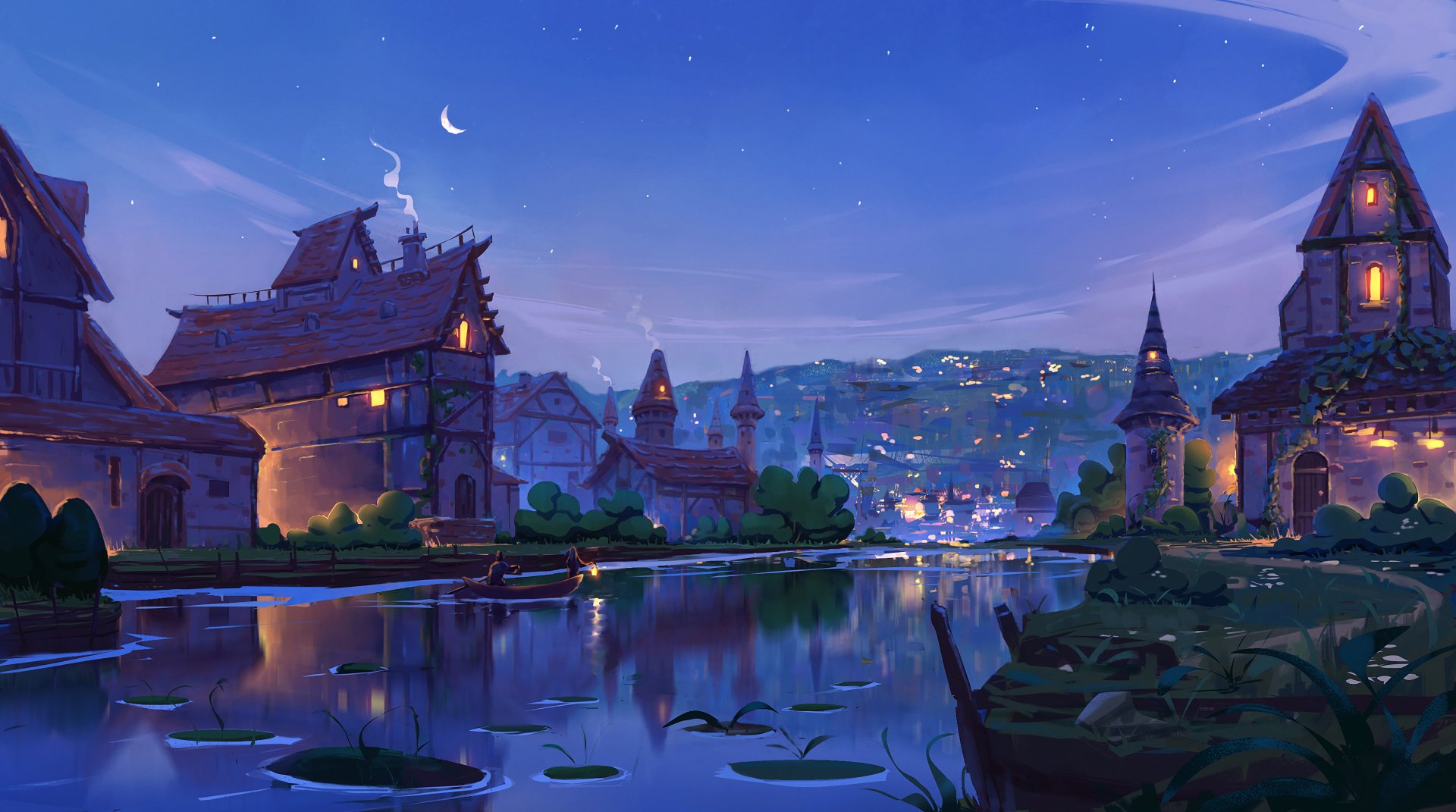 Fantasy Nightscape: HD Wallpaper of a Serene River City by Denis Istomin